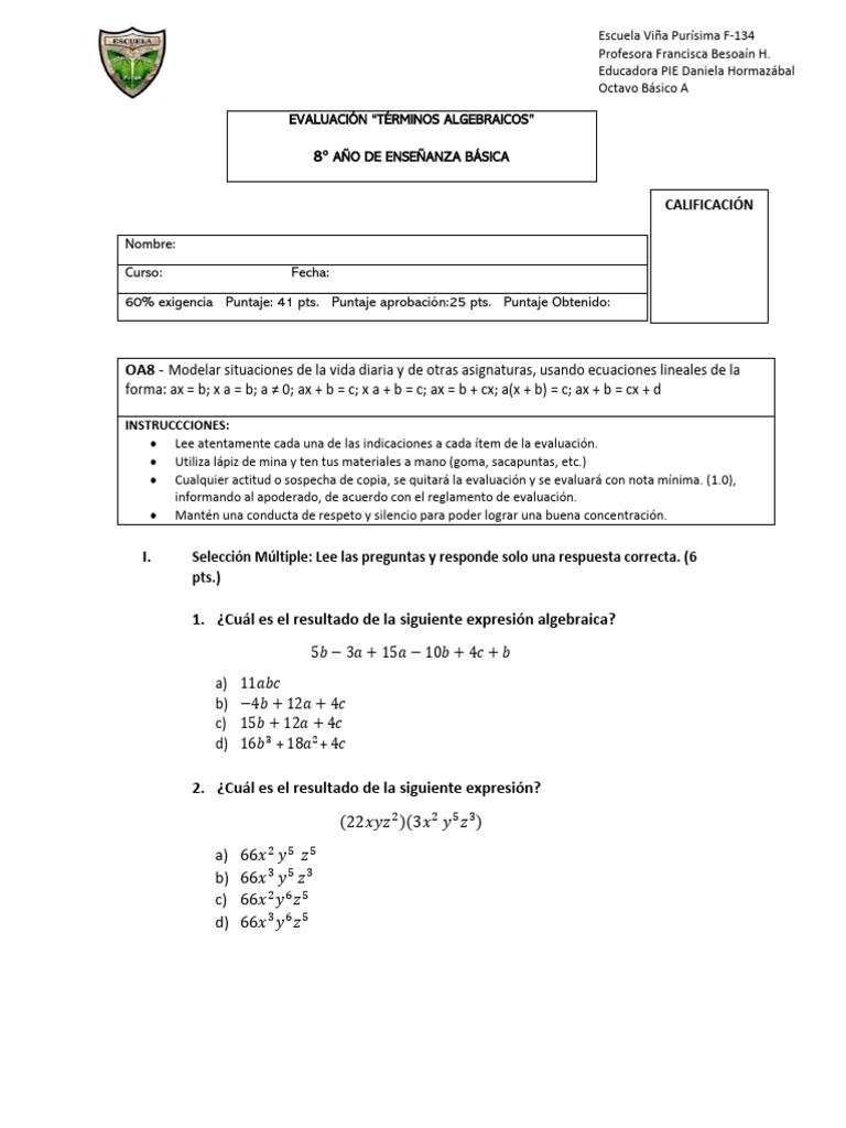 Prueba de Matematica Terminos Algebraicos | PDF