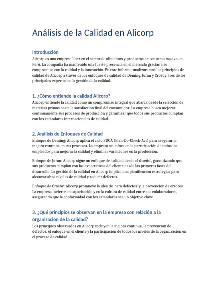 Informe Analisis de Calidad en Alicorp | PDF | Calidad (comercial) | Gestión de la calidad