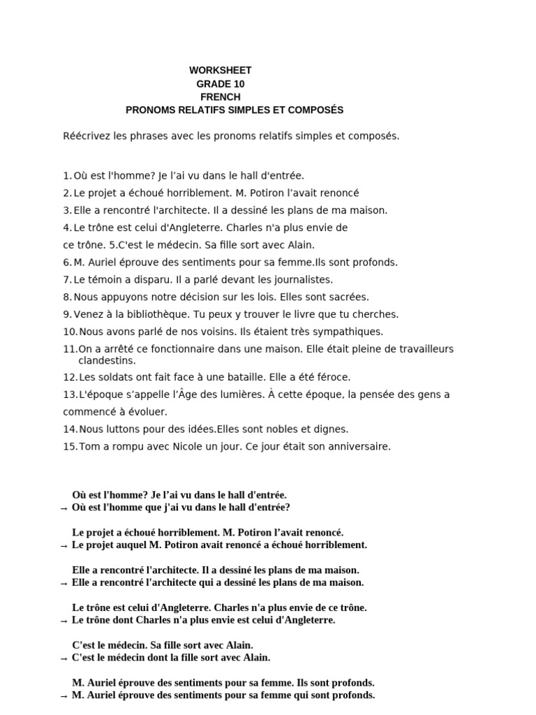 Worksheet - Pronoms Relatifs Simples Et Composés | PDF