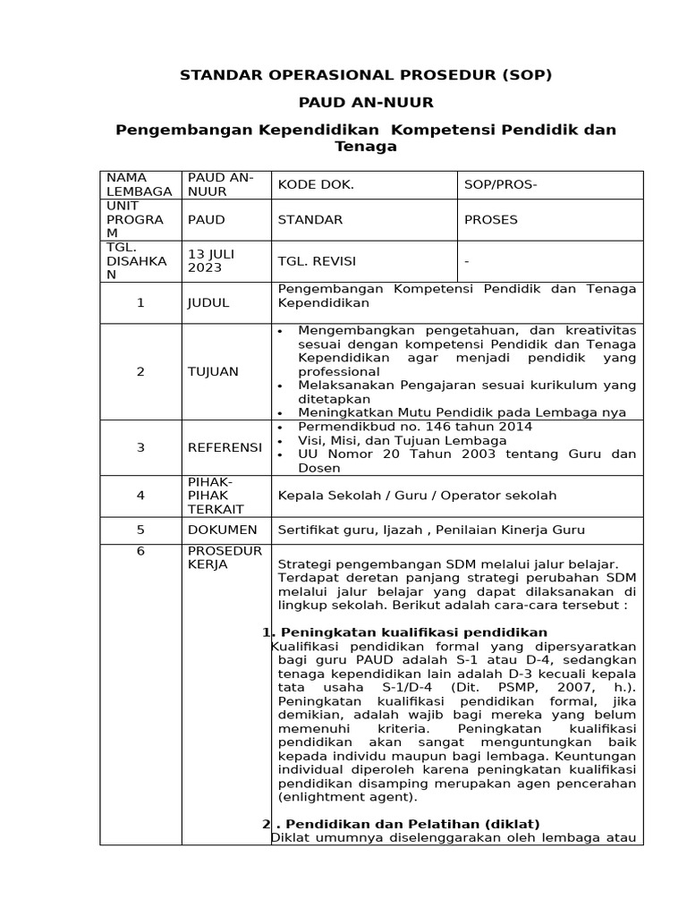 Sop PTK Paud | PDF