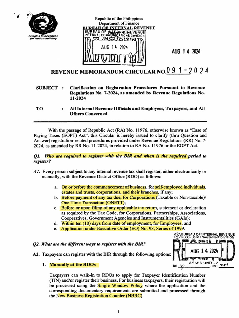 RMC No. 91-2024 | PDF