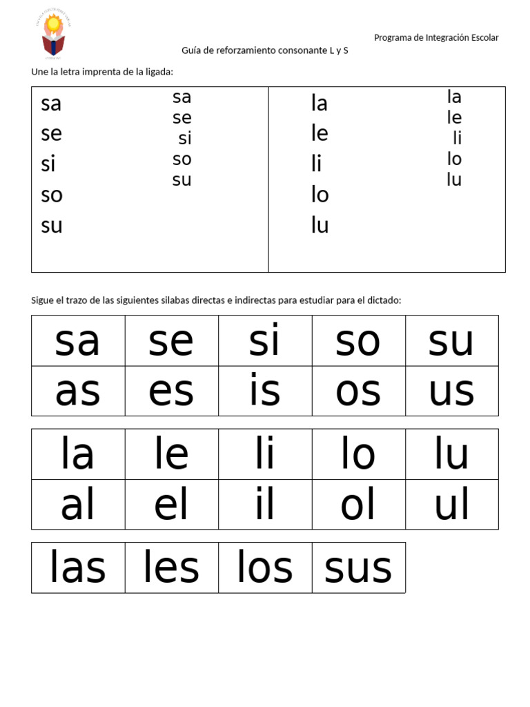 Guía de Reforzamiento Consonante L y S | PDF