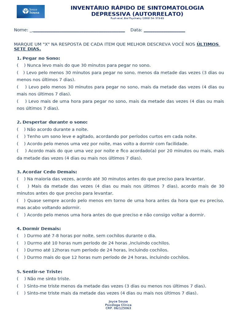 Inventário Rápido de Sintomatologia Depressiva de Auto Relato - QIDS ...