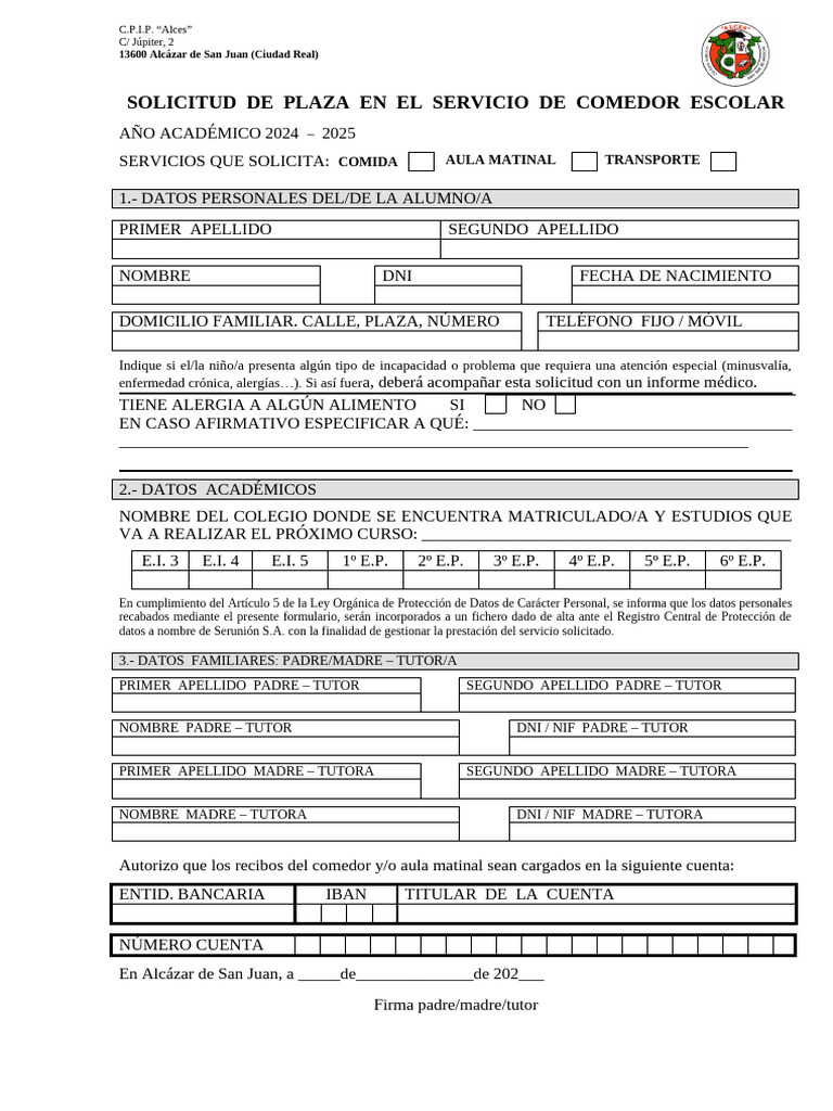 Modelo Solicitud Comedor Ceip Alces. 2024 2025 | PDF