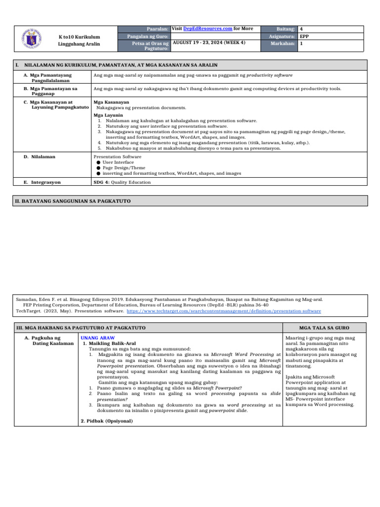 DLL Matatag - Epp 4 Q1 W4 | PDF
