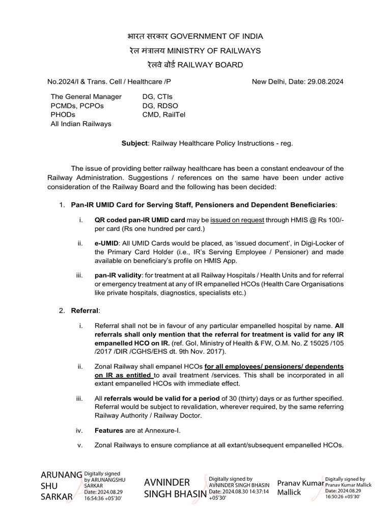 Railway Healthcare Policy Instructions | PDF
