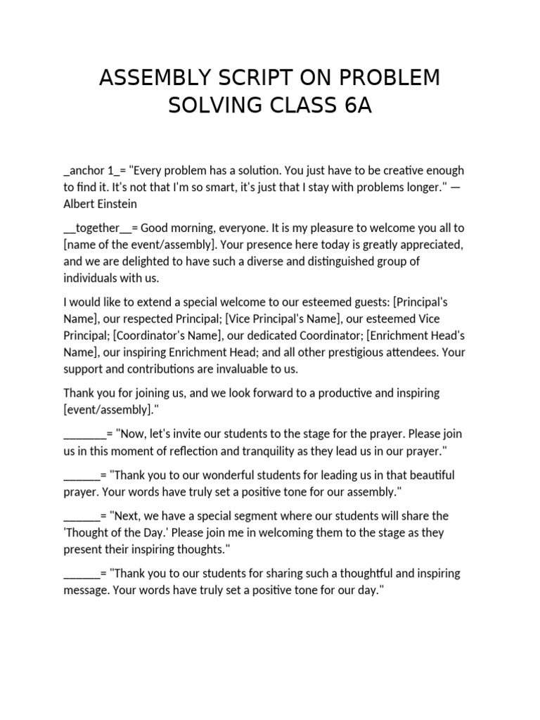 Assembly Script On Problem Solving Class 6a | PDF