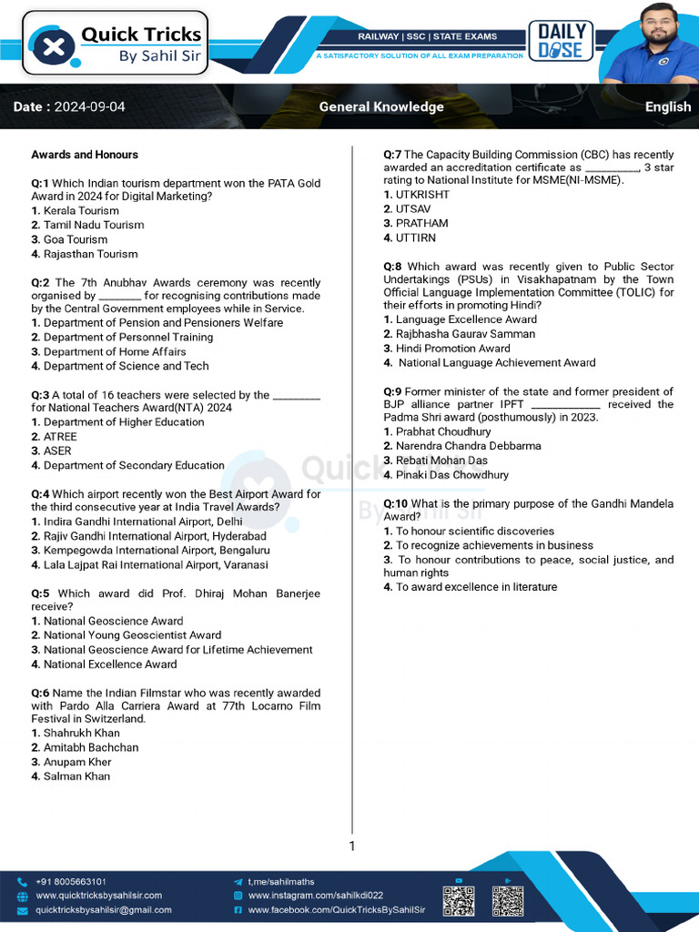 General Knowledge English 2024-09-04 Quicktricks | PDF