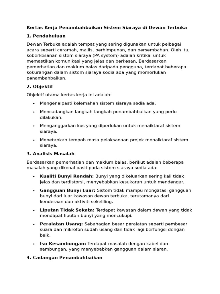 Kertas Kerja Penambahbaikan Sistem Siaraya Di Dewan Terbuka | PDF