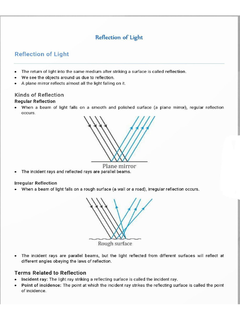 Chap 7 - REFLECTION OF LIGHT (NOTES-I) | PDF