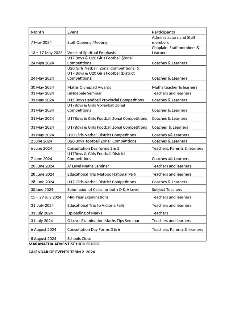 Calendar of Events Term 2 2024 | PDF