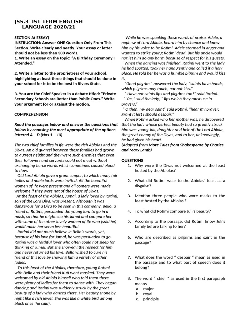 JSS 3 English Ist Term Exam 2020. | PDF