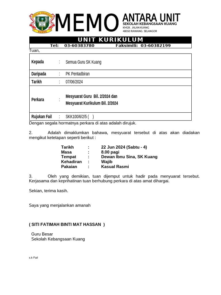 MEMO SK KUANG Mesy Guru + Kurikulum 2024 2025 | PDF