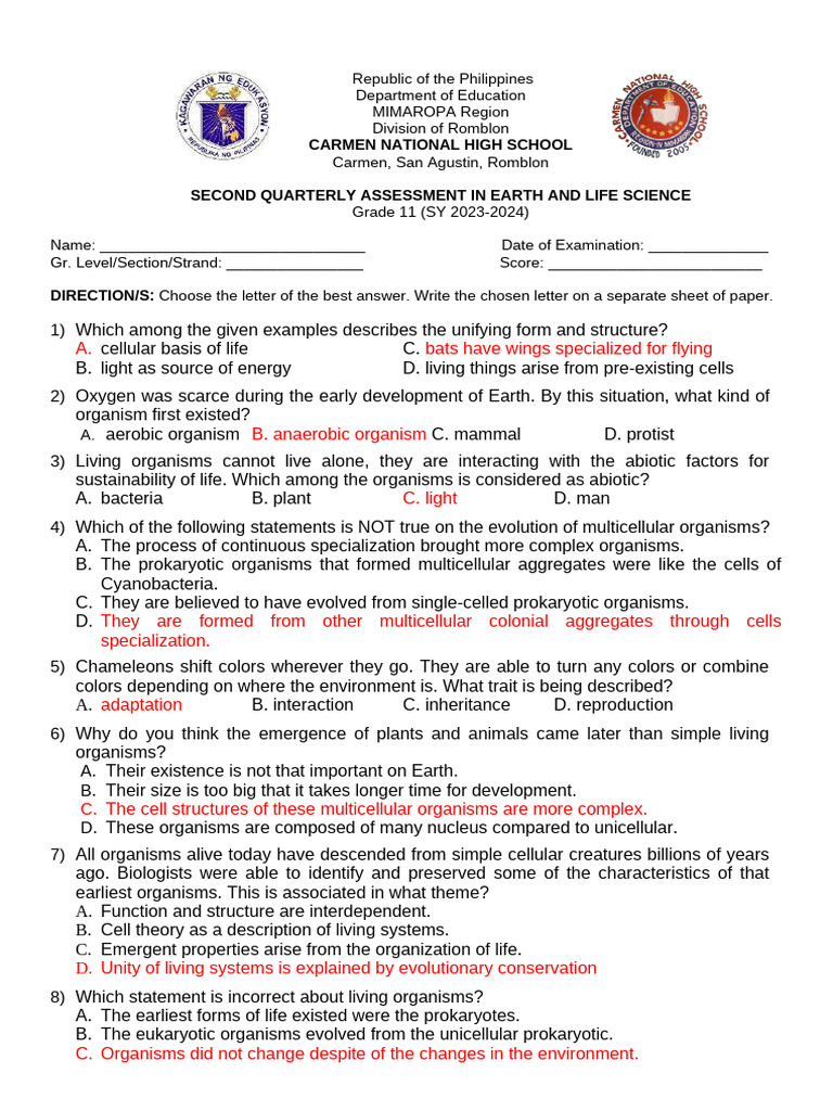 2nd Quarterly Assessment in Earth & Life Sci (2023-2024) | PDF