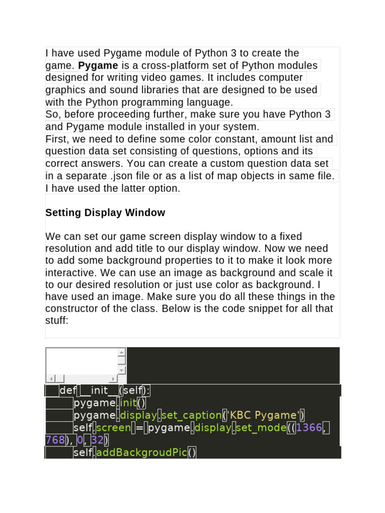 Pygame: Def - Init - (Self) : Pygame. Pygame. - Self. Pygame. - ( (,), ,) Self. | PDF