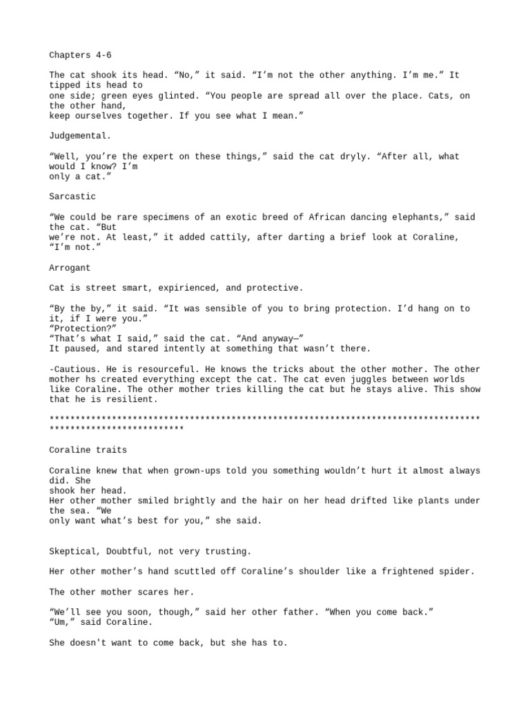 Coraline Chapters 4-6 Summary | PDF | Mystery, Thriller & Crime Fiction
