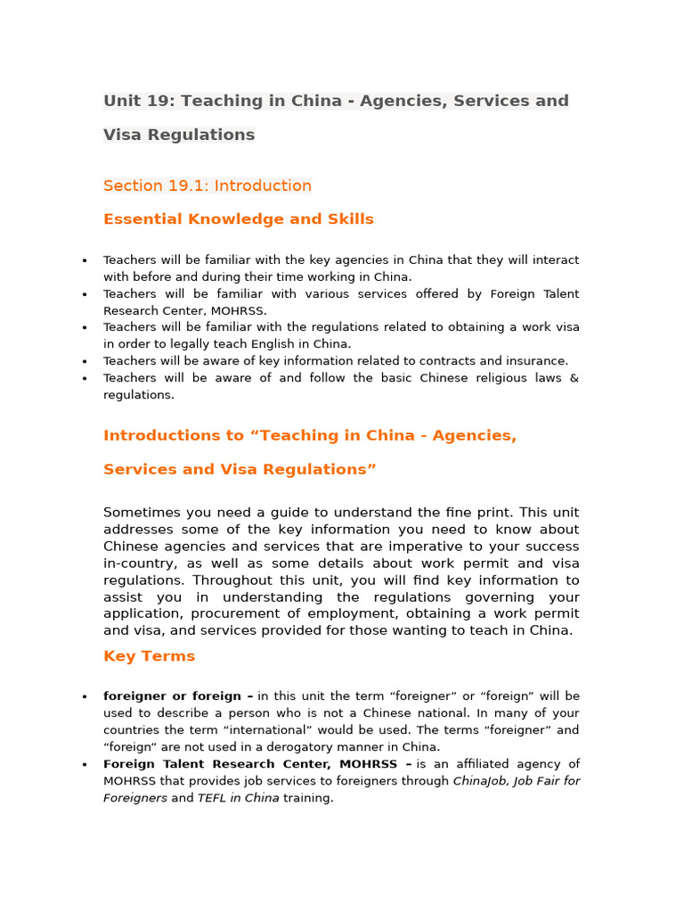 NOTE Unit 19 Teaching in China - Agencies, Services and Visa Regulations | PDF