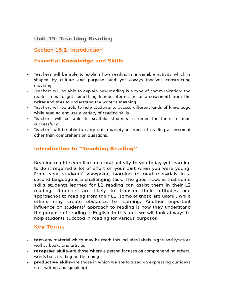 NOTE Unit 15 Teaching Reading | PDF