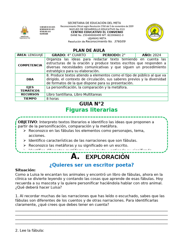2.2.plan de Aula-Lenguaje Cuarto Convenio | PDF