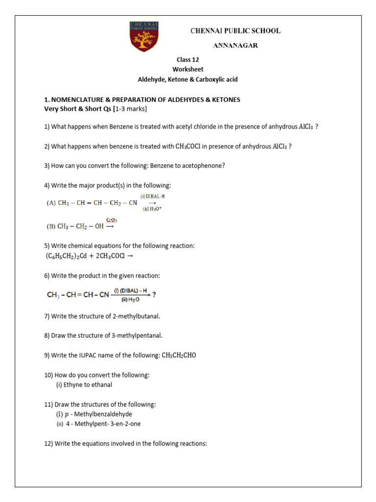 Class 12 Aldehydes, Ketones, Carboxylic Acids Worksheet | PDF | Aldehyde | Ketone