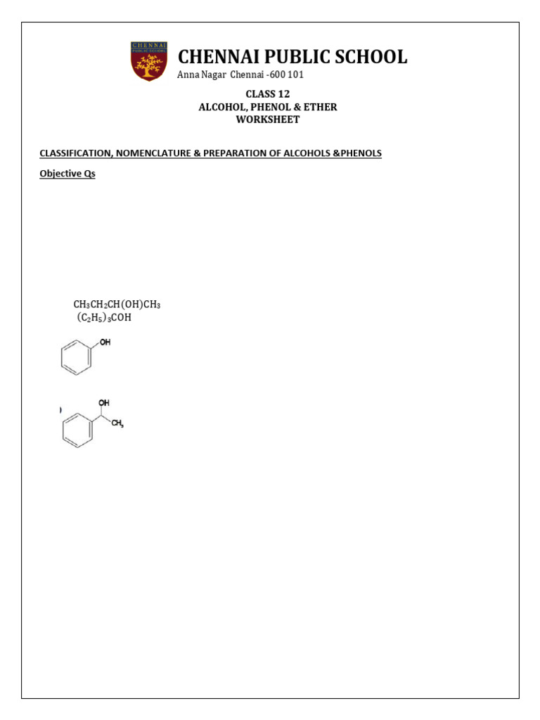 Alcohols, Phenols and Ethers worksheet | PDF