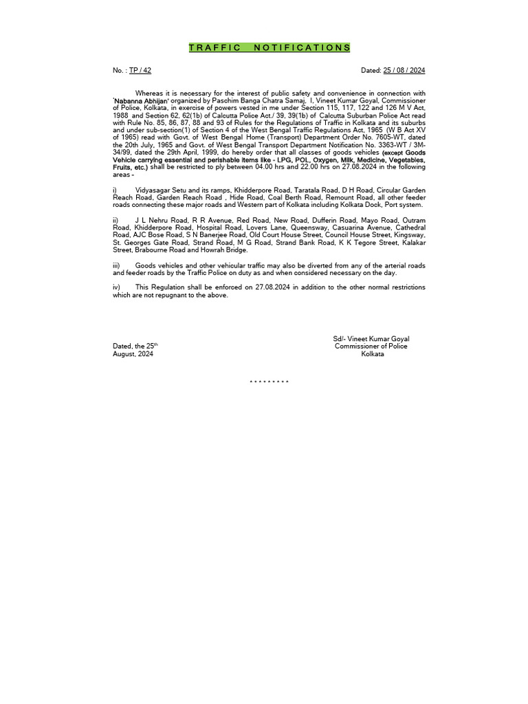 Traffic Notifications in Connection With Nabanna Abhijan On 27.08.2024 | PDF | Kolkata ...
