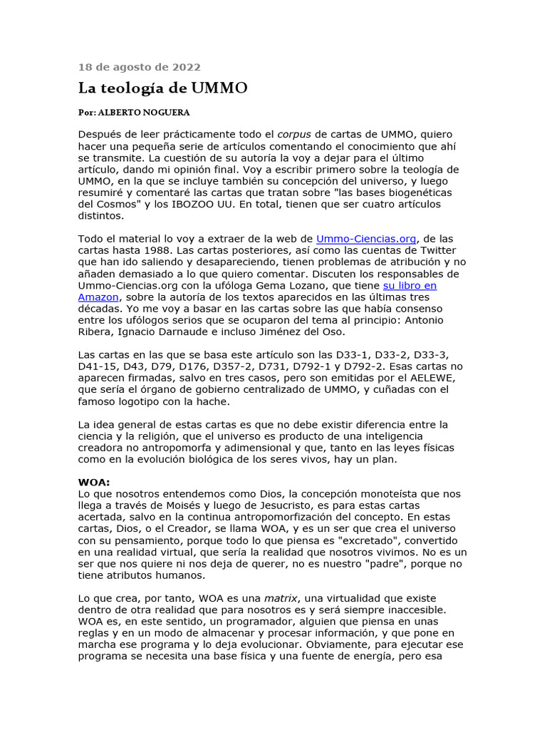 LA TEOLOGÍA DE UMMO (Alberto Noguera, 18-08-22) | PDF