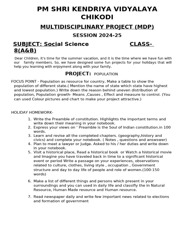 MDP AND HOLIDAY HOMEWORK CLASS 8th | PDF