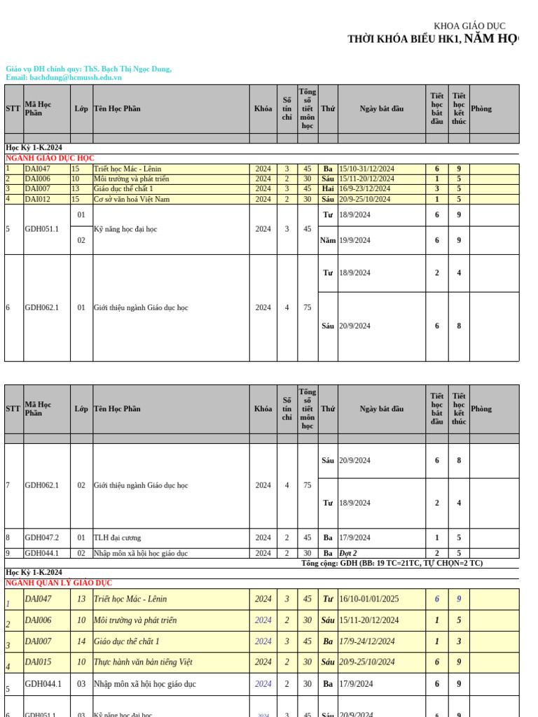 NĂM HỌC 2024 - 2025: Thời Khóa Biểu Hk1, | PDF