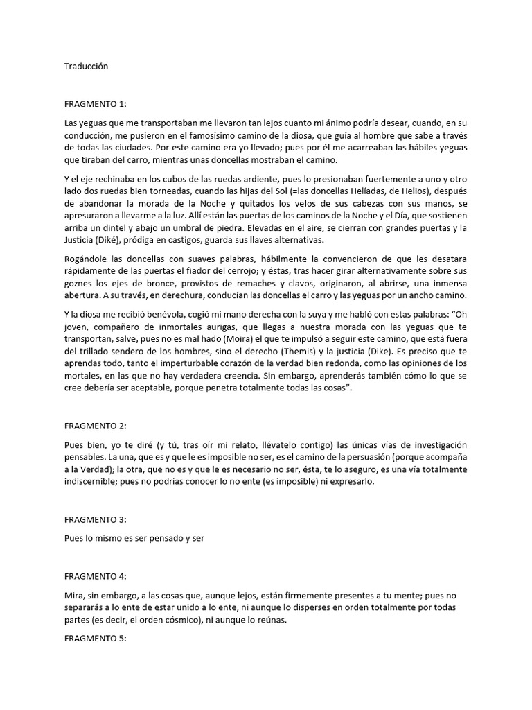 Traducción Del Poema de Parménides en Kirk, Raven, Schofield Los Filósofos Presocráticos | PDF