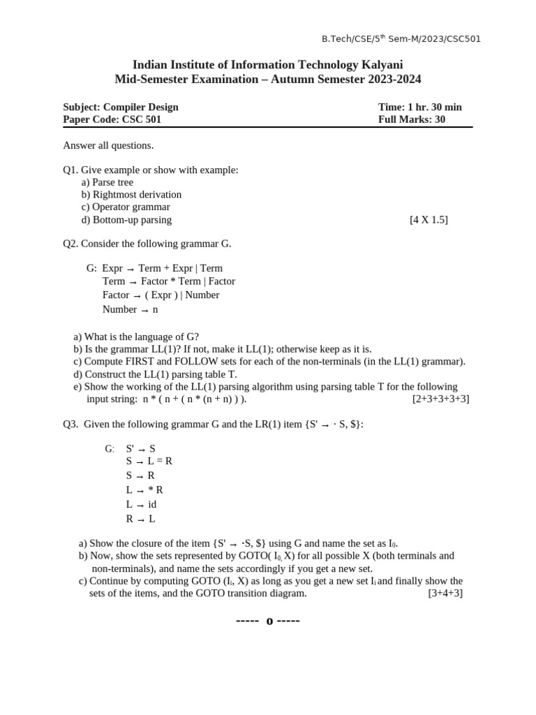 Csc 501 Midsem Autumn 2023 2024 Compiler Design Pdf