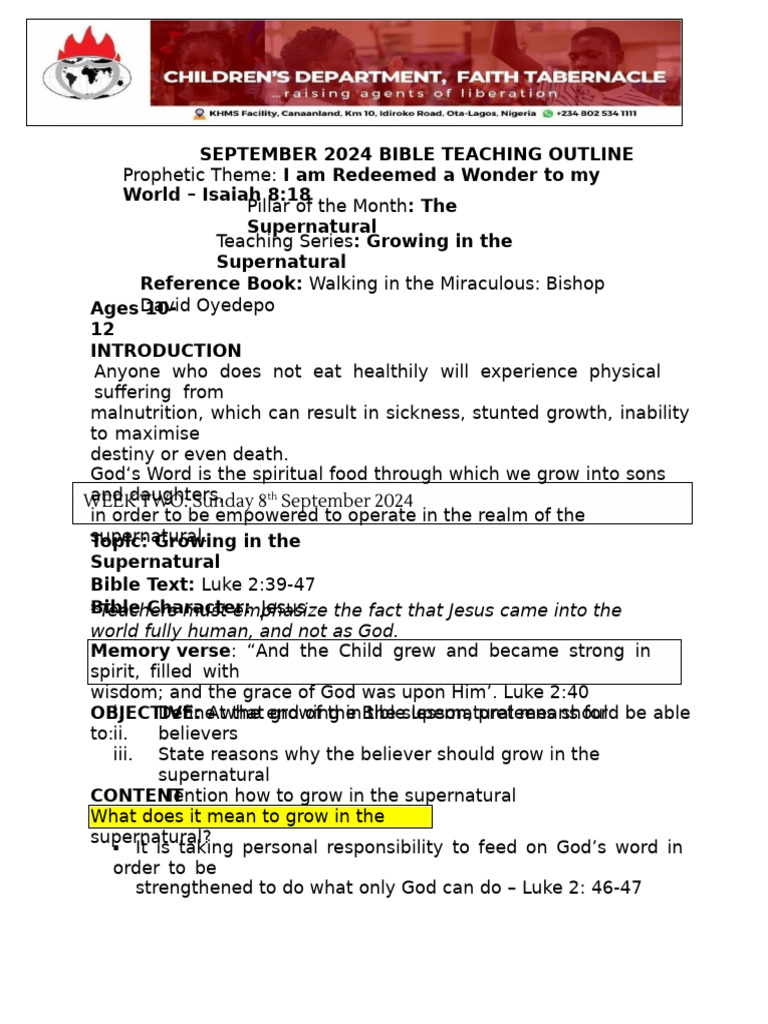 Updated Version of the Children Teaching Outline for September Age 10 ...