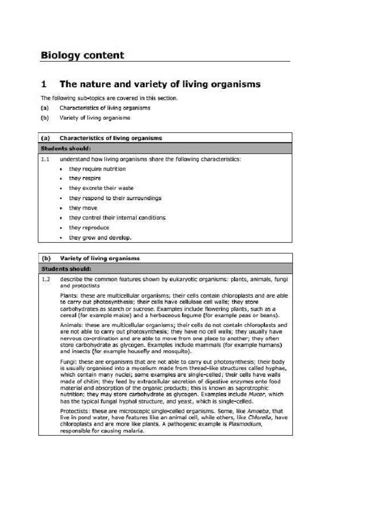 Biology Content For IGCSE | PDF