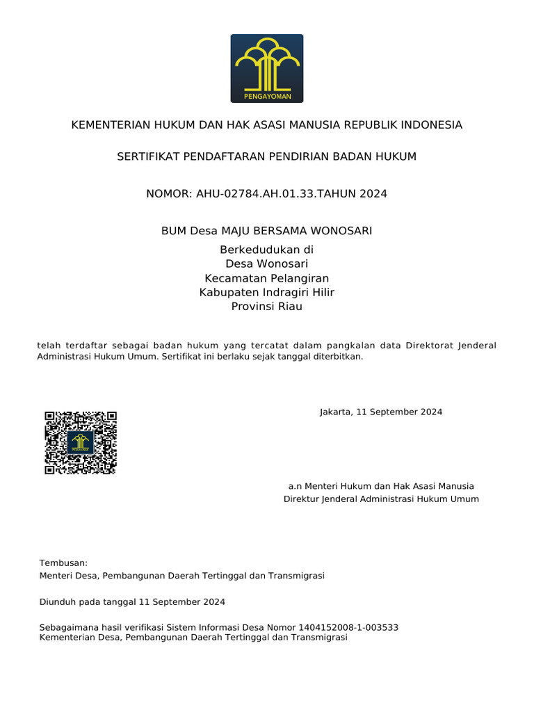 Sertifikat Badan Hukum Wonosari No Ahu-02784.ah.01.33.tahun 2024 | PDF