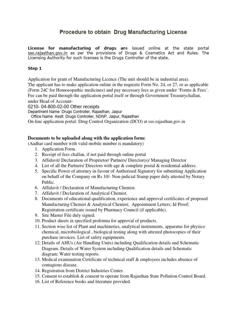 Procedure To Obtain Drug Manufacturing License | PDF