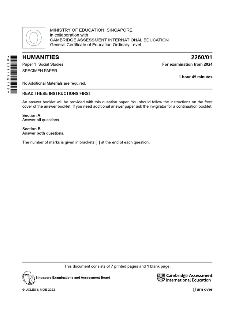 Humanities 2260/01: General Certificate of Education Ordinary Level | PDF