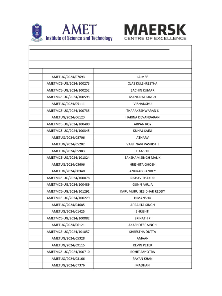 MAERSK AMET Admission Shortlisted List BSCNS 2024 | PDF