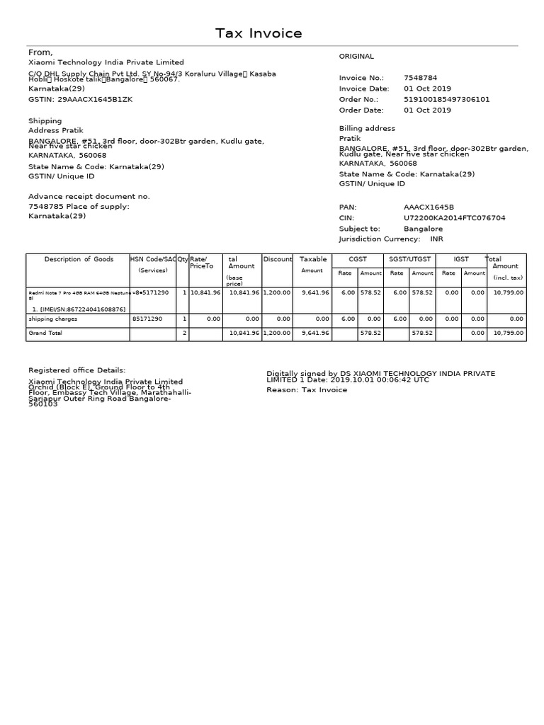 redmi 7 pro order invoice | PDF
