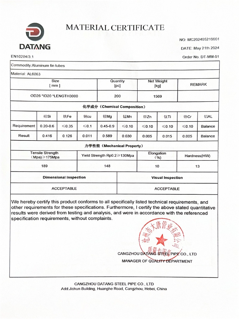 Material Certificate | PDF