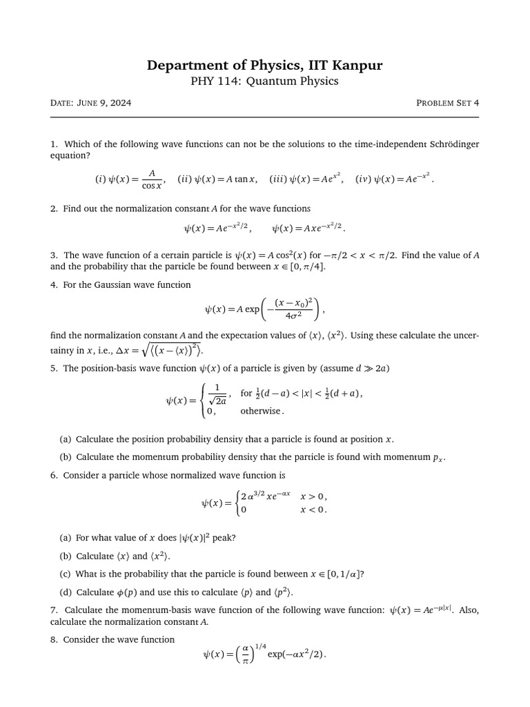 Phy114 Prob Set 4 | PDF | Wave Function | Science & Mathematics