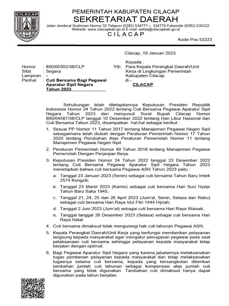 Cuti Bersama Bagi Pegawai ASN Tahun 2023 | PDF