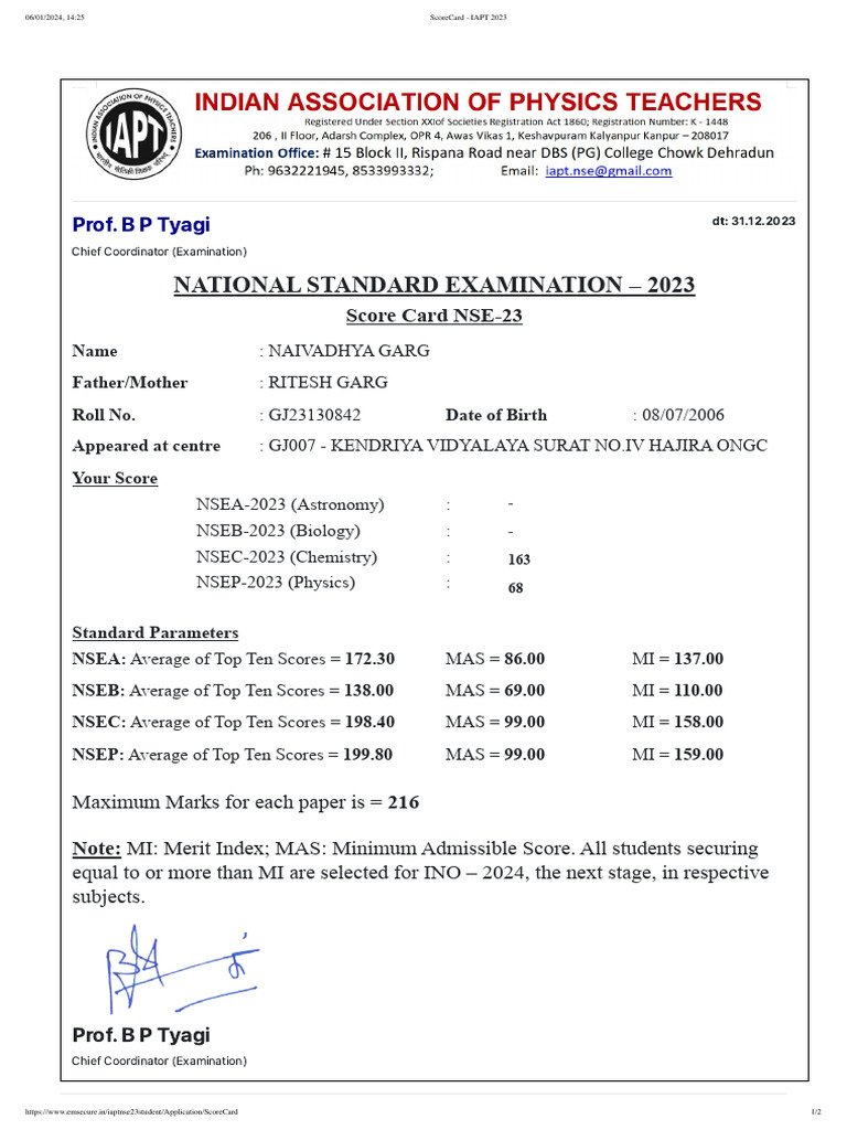 ScoreCard - IAPT 2023 | PDF