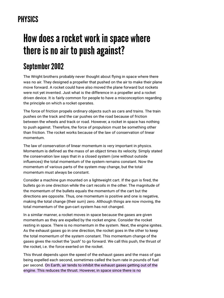 How Does A Rocket Work in Space Where There Is No Air To Push Ag | PDF