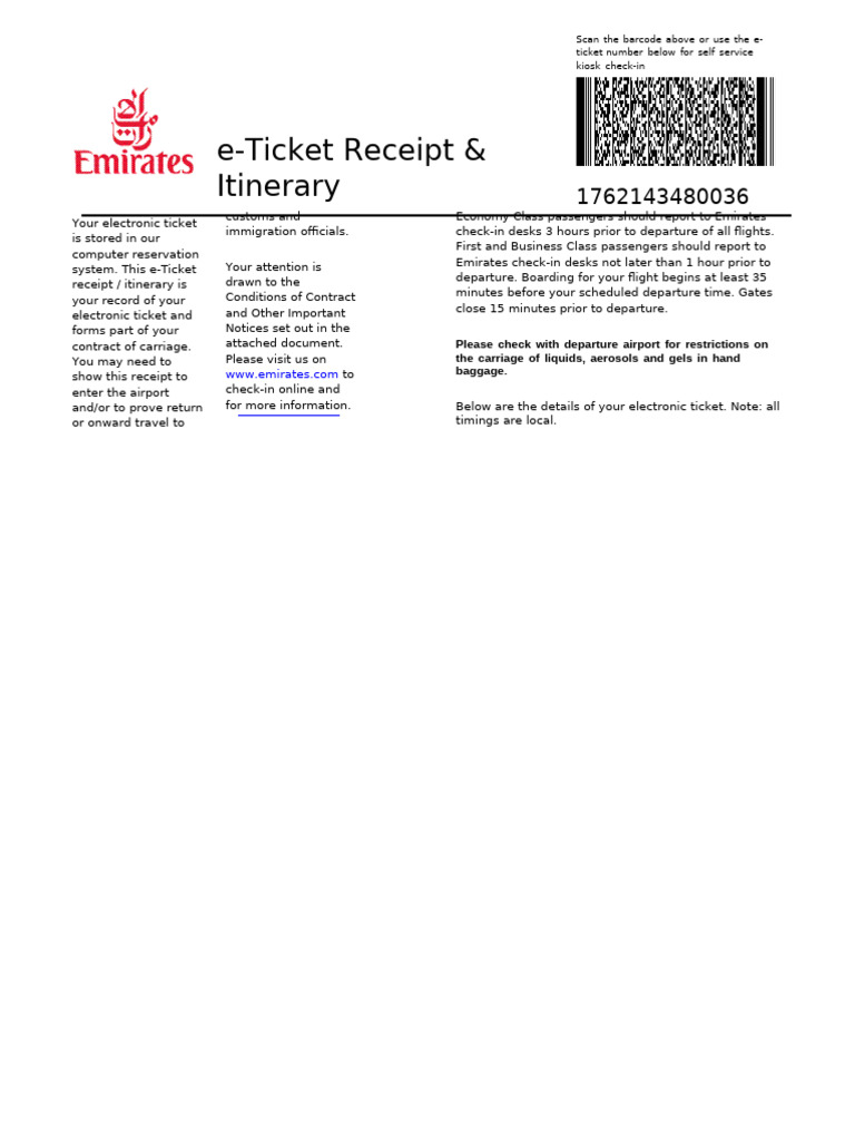Emirates e-Ticket Receipt & Itinerary | PDF | Civil Aviation | Airlines