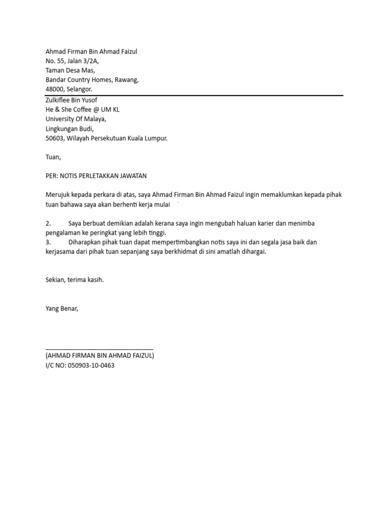 Surat Letak Jawatan | PDF