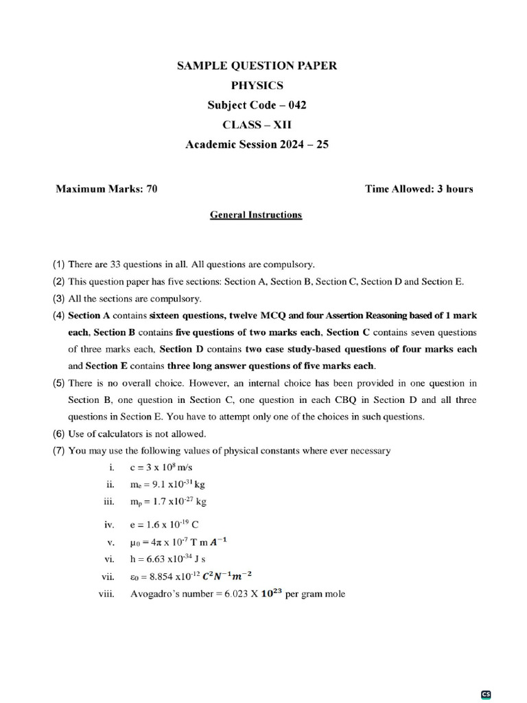 Physics SQP | PDF
