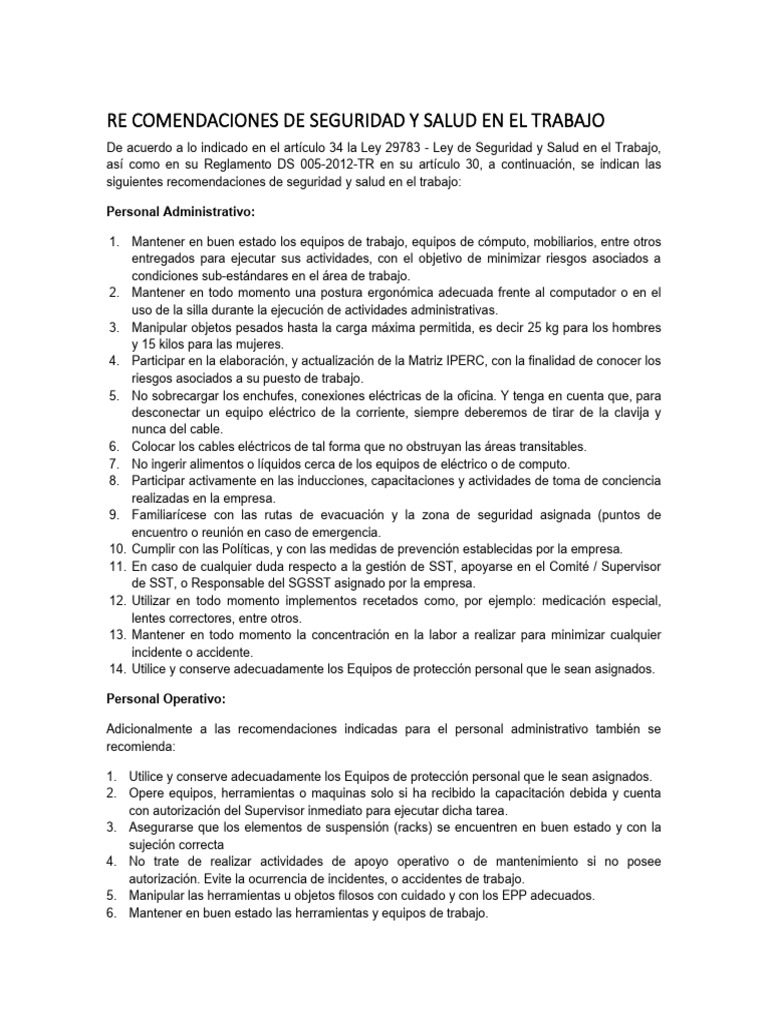 Recomendaciones de Seguridad y Salud en El Trabajo | PDF