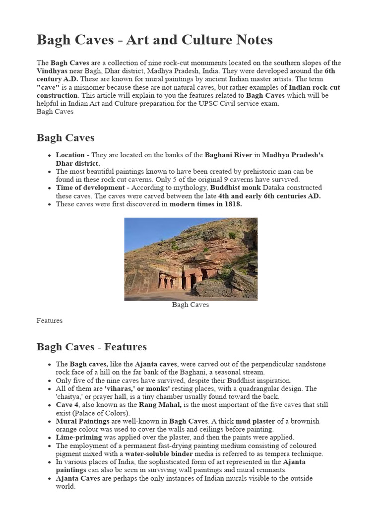 Bagh Caves - Art and Culture Notes | PDF