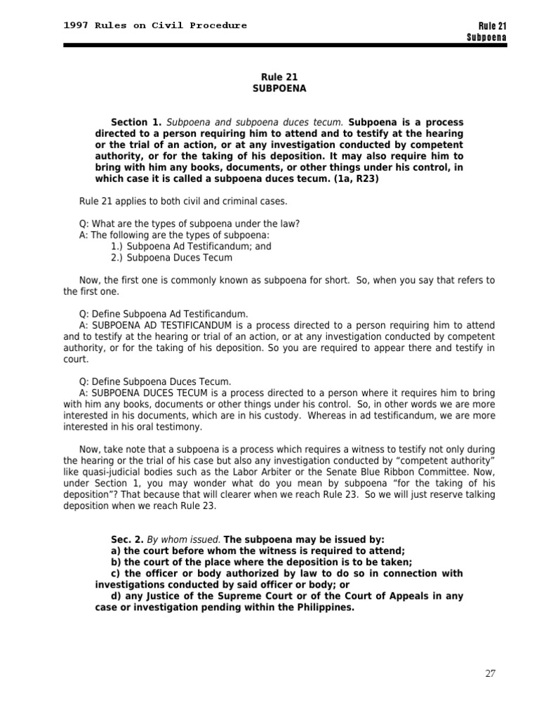 Rule 21 Subpoena | PDF | Subpoena Duces Tecum | Deposition (Law)