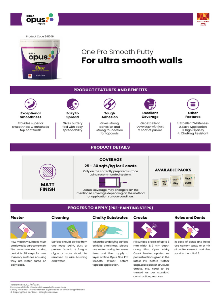 One Pro Smooth Putty Information Sheet | PDF